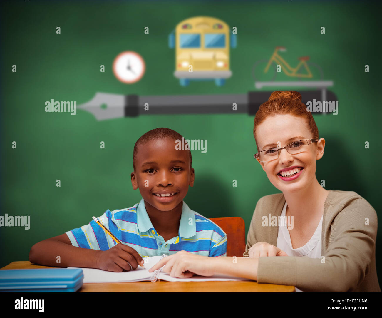 Composite image of happy pupil and teacher Stock Photo - Alamy