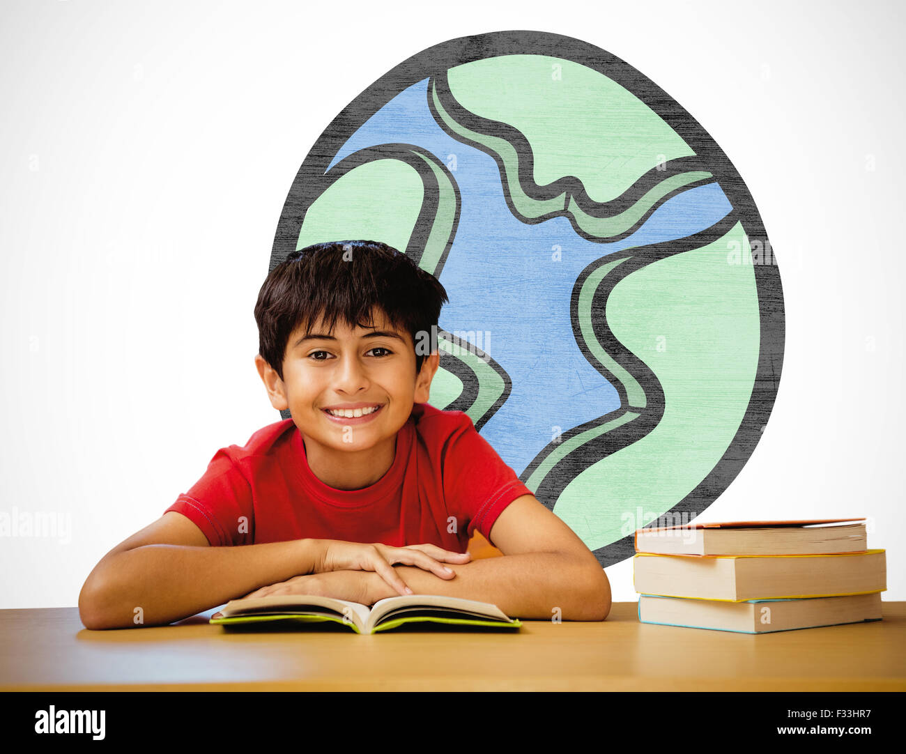 Composite image of cute boy reading book in library Stock Photo - Alamy