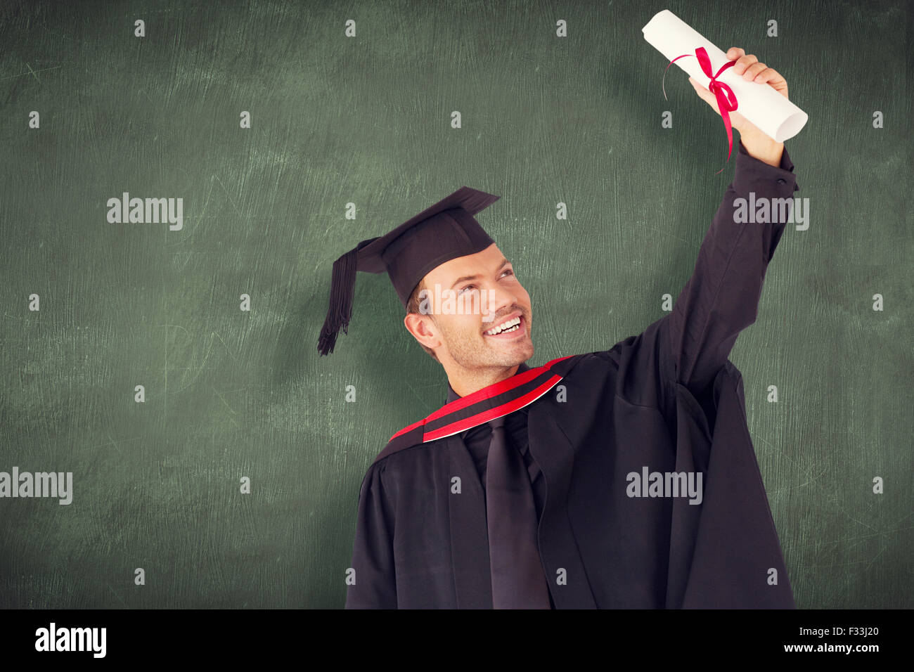 Composite image of happy attractive boy celebrating his graduation ...