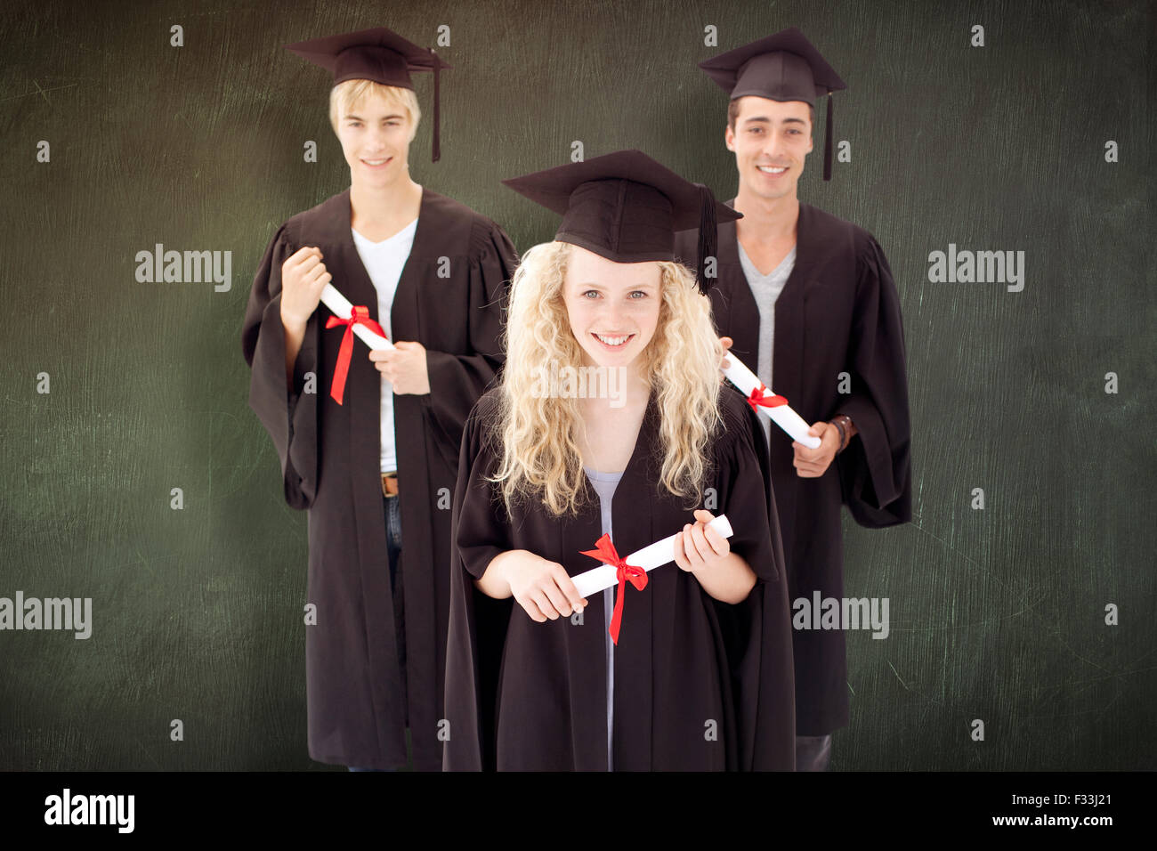 Composite image of group of adolescents celebrating after graduation ...