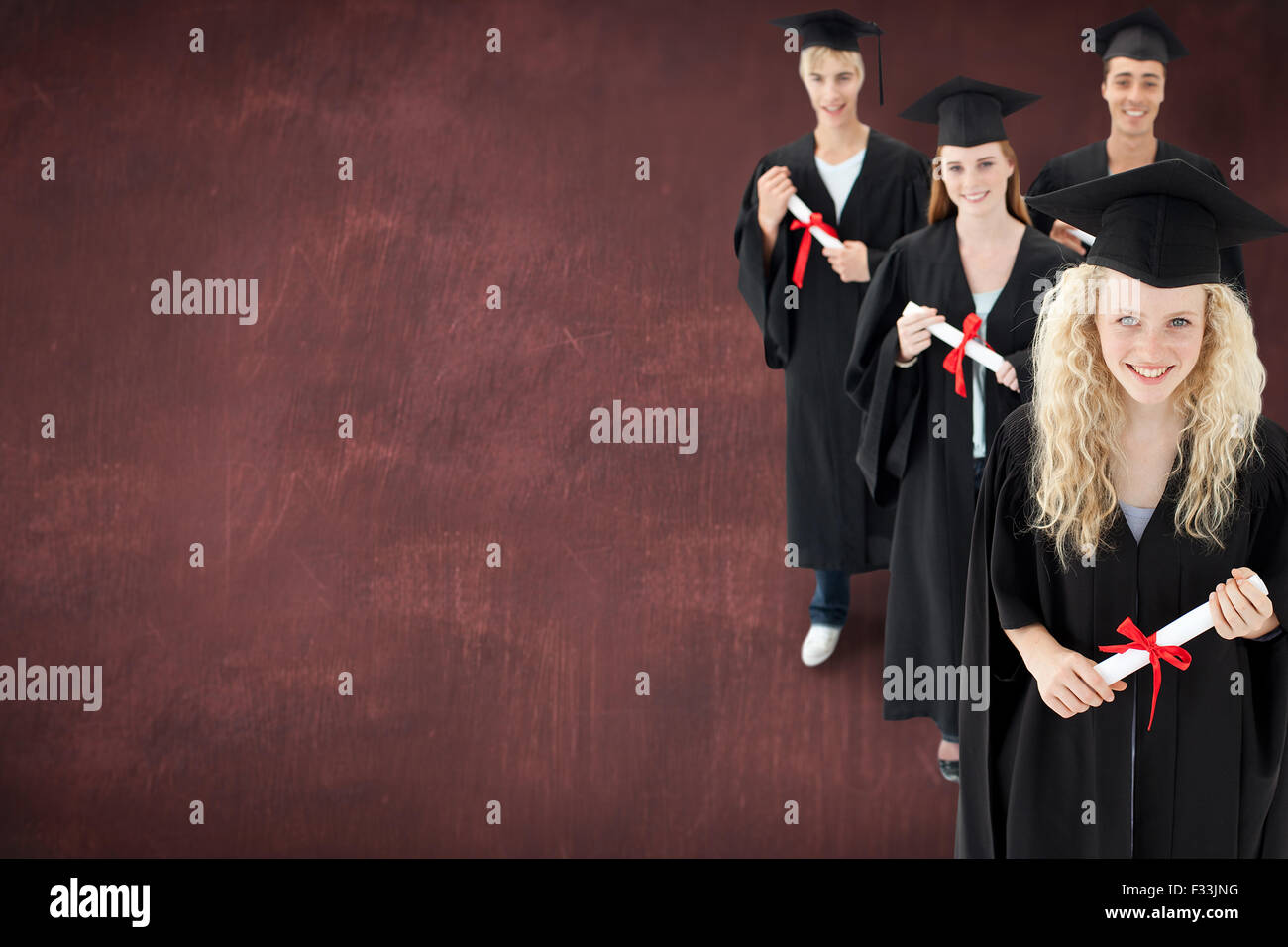 Composite image of smiling group of teenagers celebrating after ...