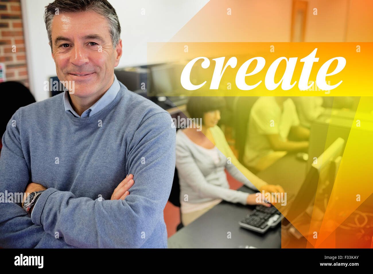 Create against teacher smiling at top of computer class Stock Photo - Alamy