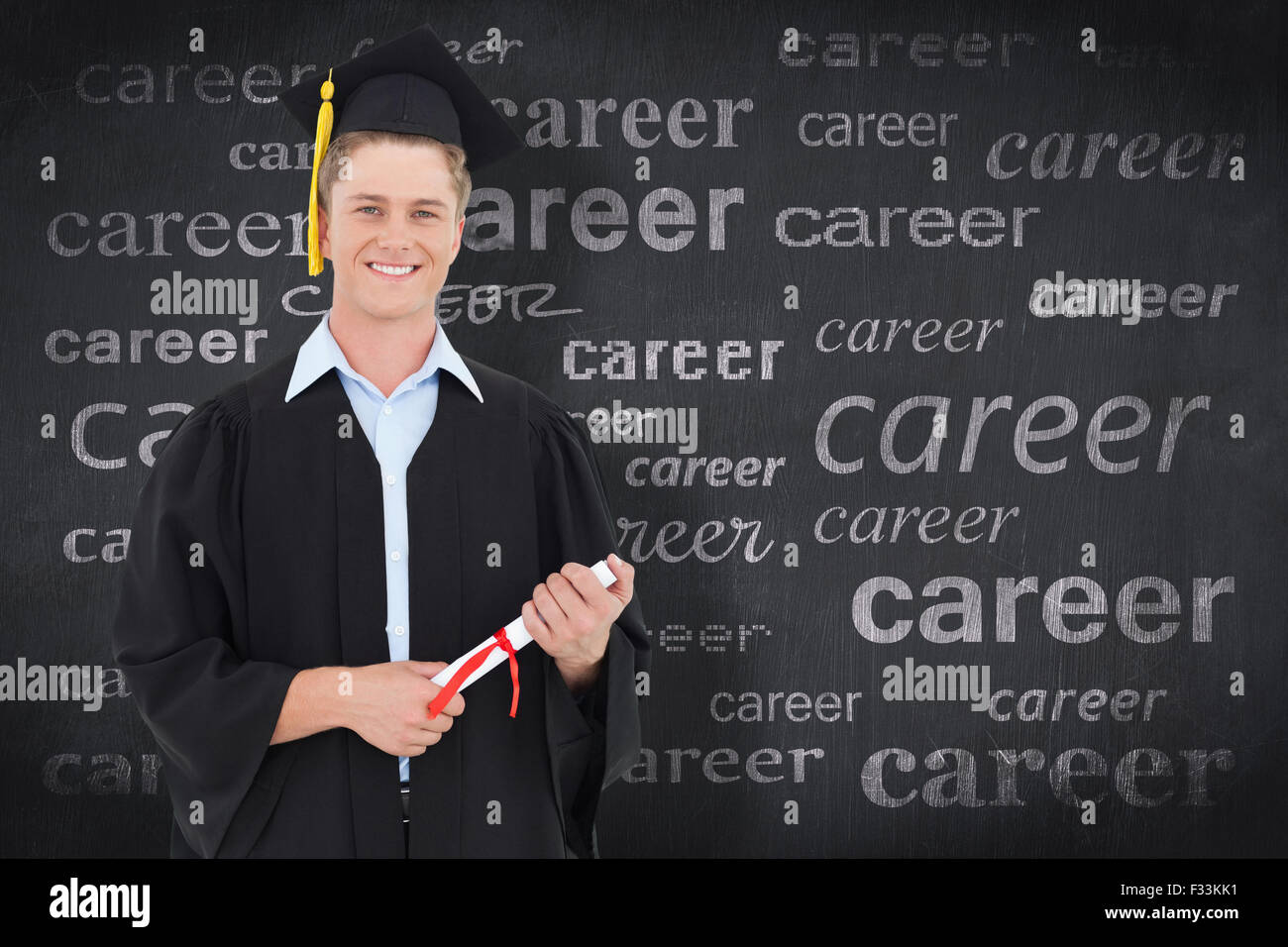 Composite image of man smiling as he has just graduated with his degree ...