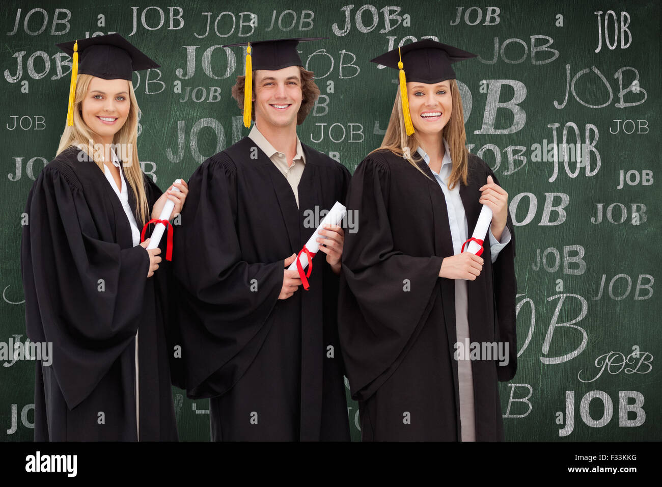 Composite image of three smiling students in graduate robe holding a ...