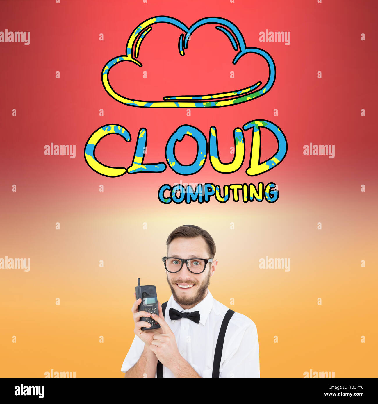 Composite image of geeky hipster holding a retro cellphone Stock Photo ...