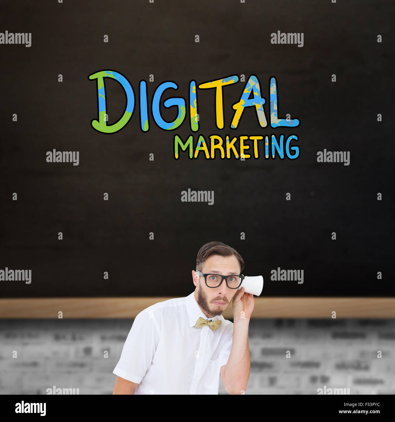 Composite image of geeky businessman eavesdropping with cup Stock Photo ...