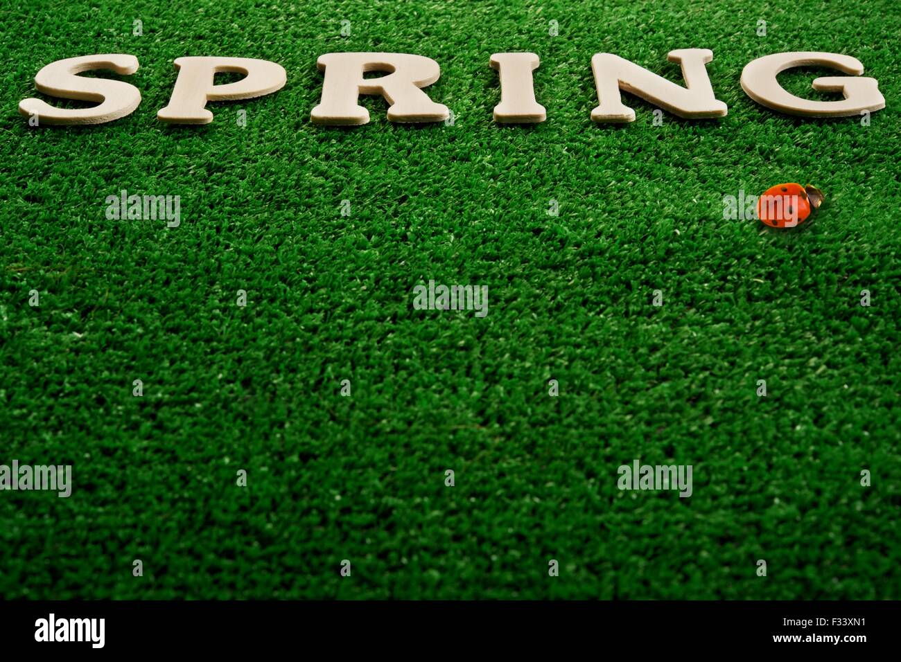 The word spring written on green background Stock Photo - Alamy