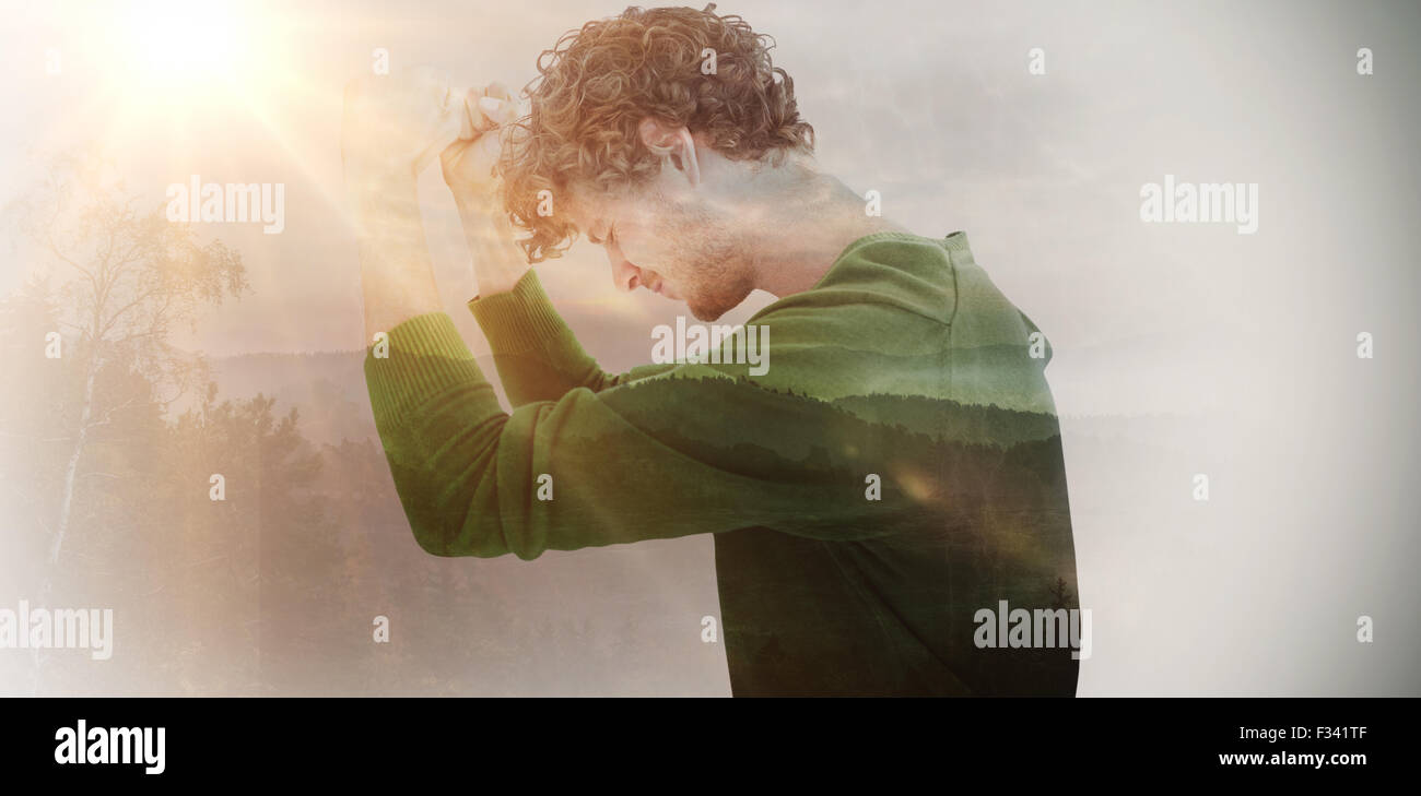 Composite image of depressed man over white background Stock Photo - Alamy