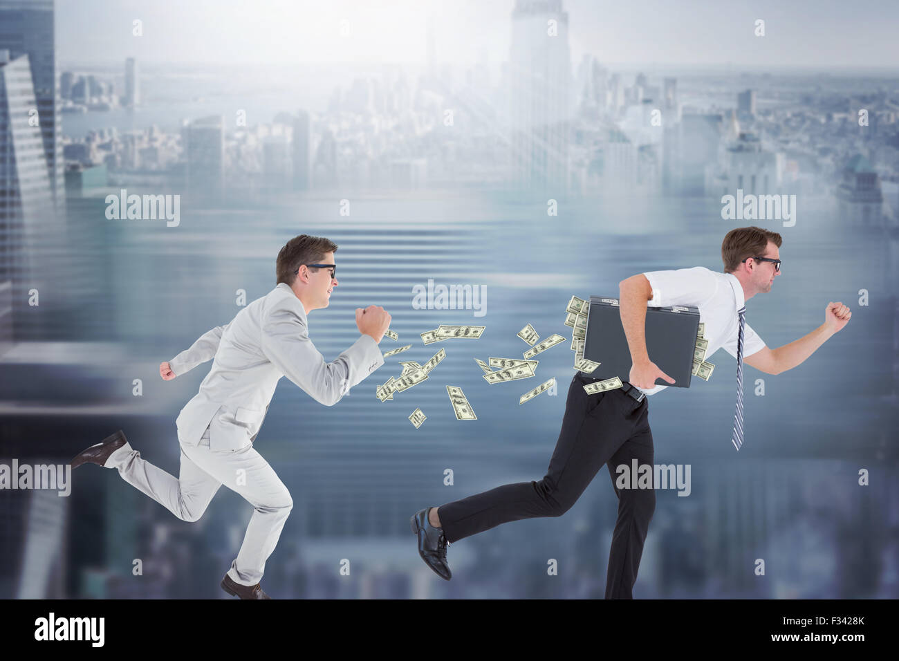 Composite image of geeky happy businessman running mid air Stock Photo ...