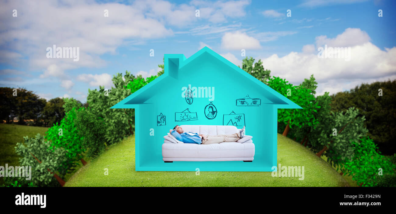 Composite image of side view of man resting on sofa Stock Photo - Alamy