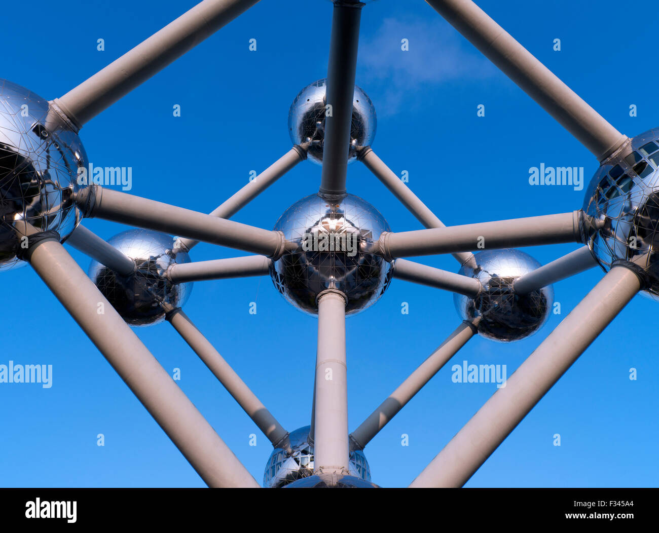 Detail of the Atomium, model of an iron molecule, in Brussels Belgium ...
