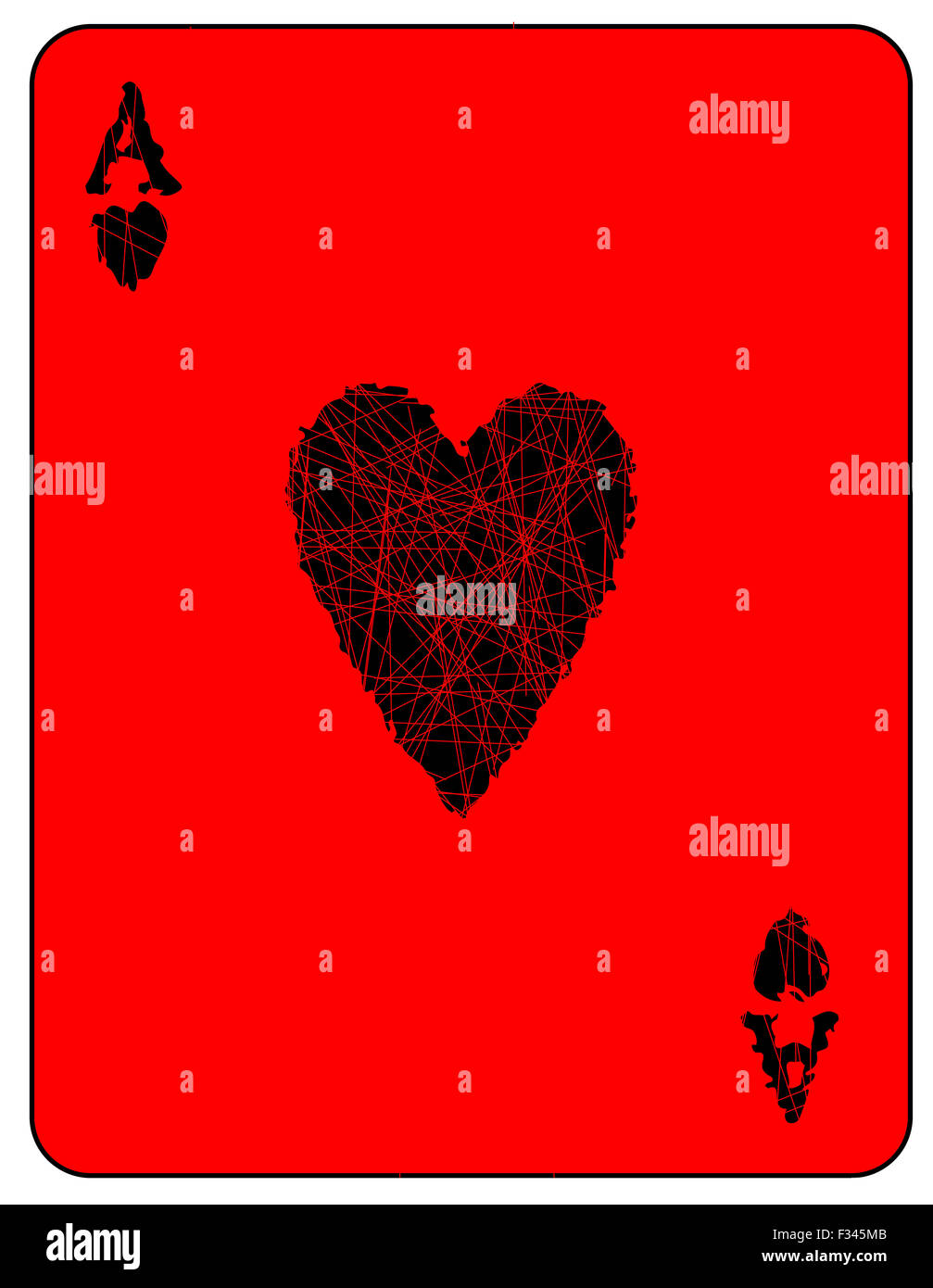 The Ace of Hearts in black with a red card over a white background with ...