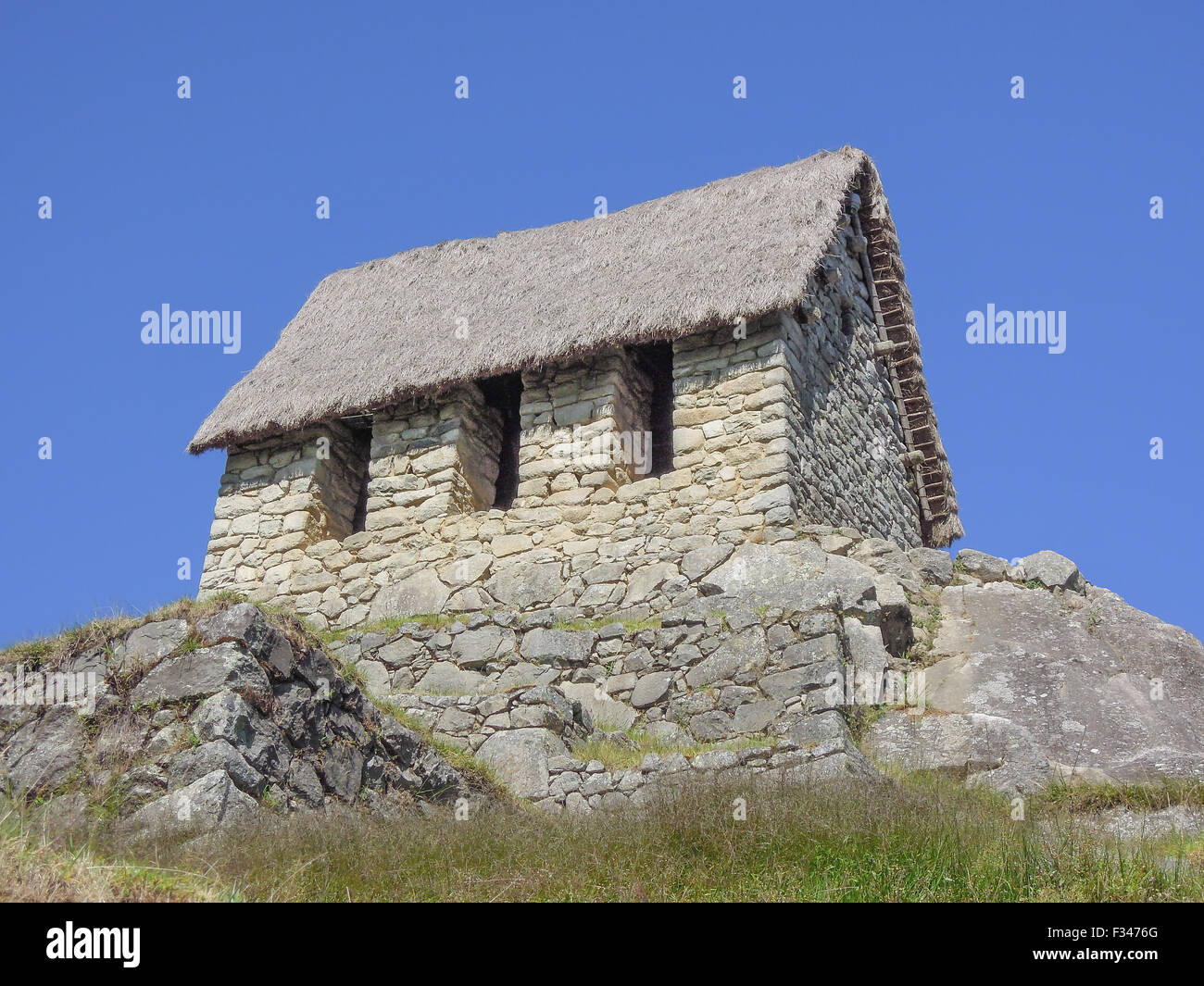 Watchman's hut a the end of the Inca Trail in Machu Picchu against a ...