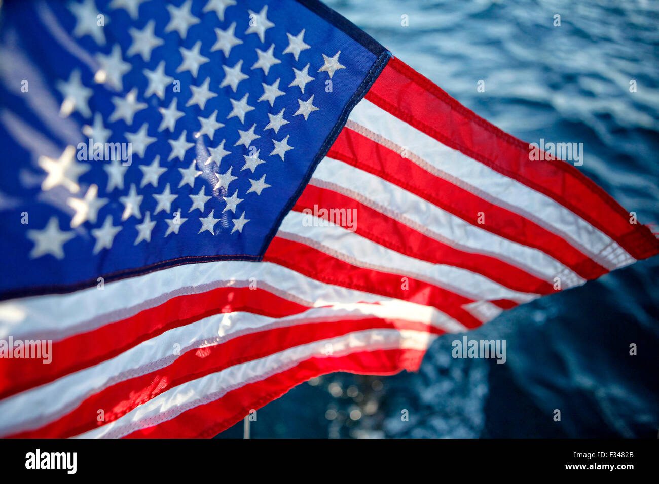 American flag "Stars and Stripes" floating onboard the Hydroptere, Long ...