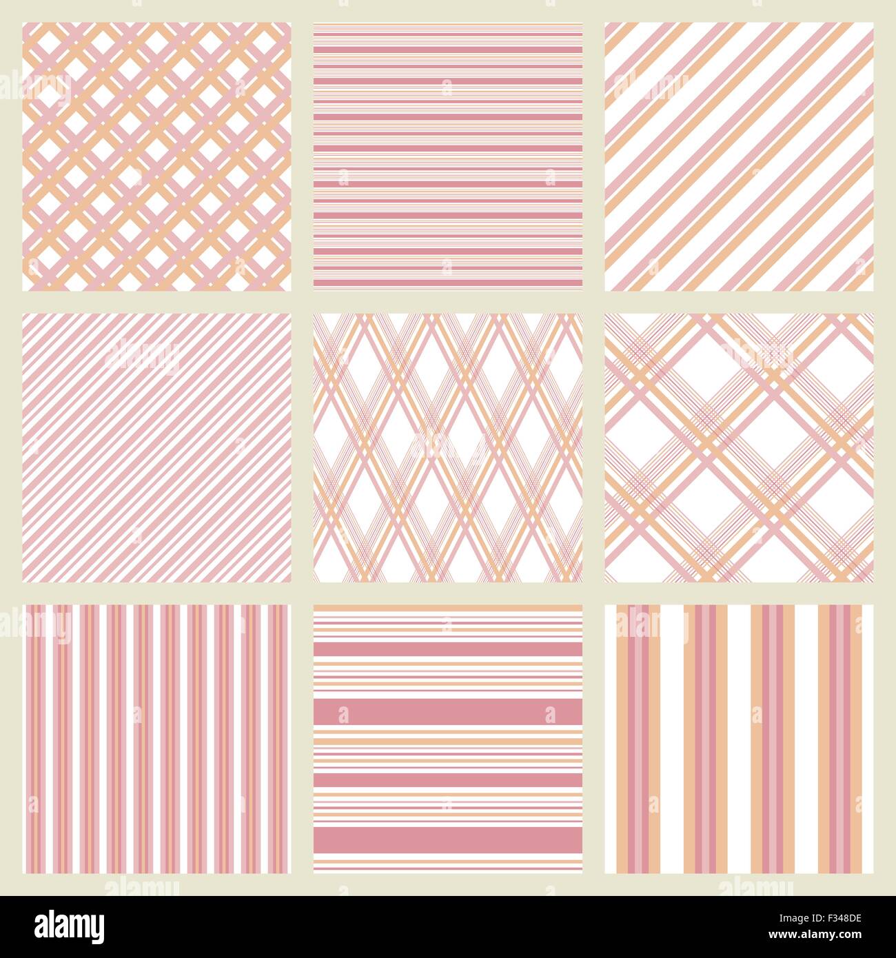 Set of patterns with stripes and cells in pale pink shades. 9 samples ...