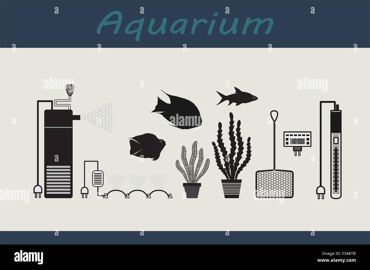 Aquarium. Set2 tools for the aquarium. Accessories and fish. Vector ...