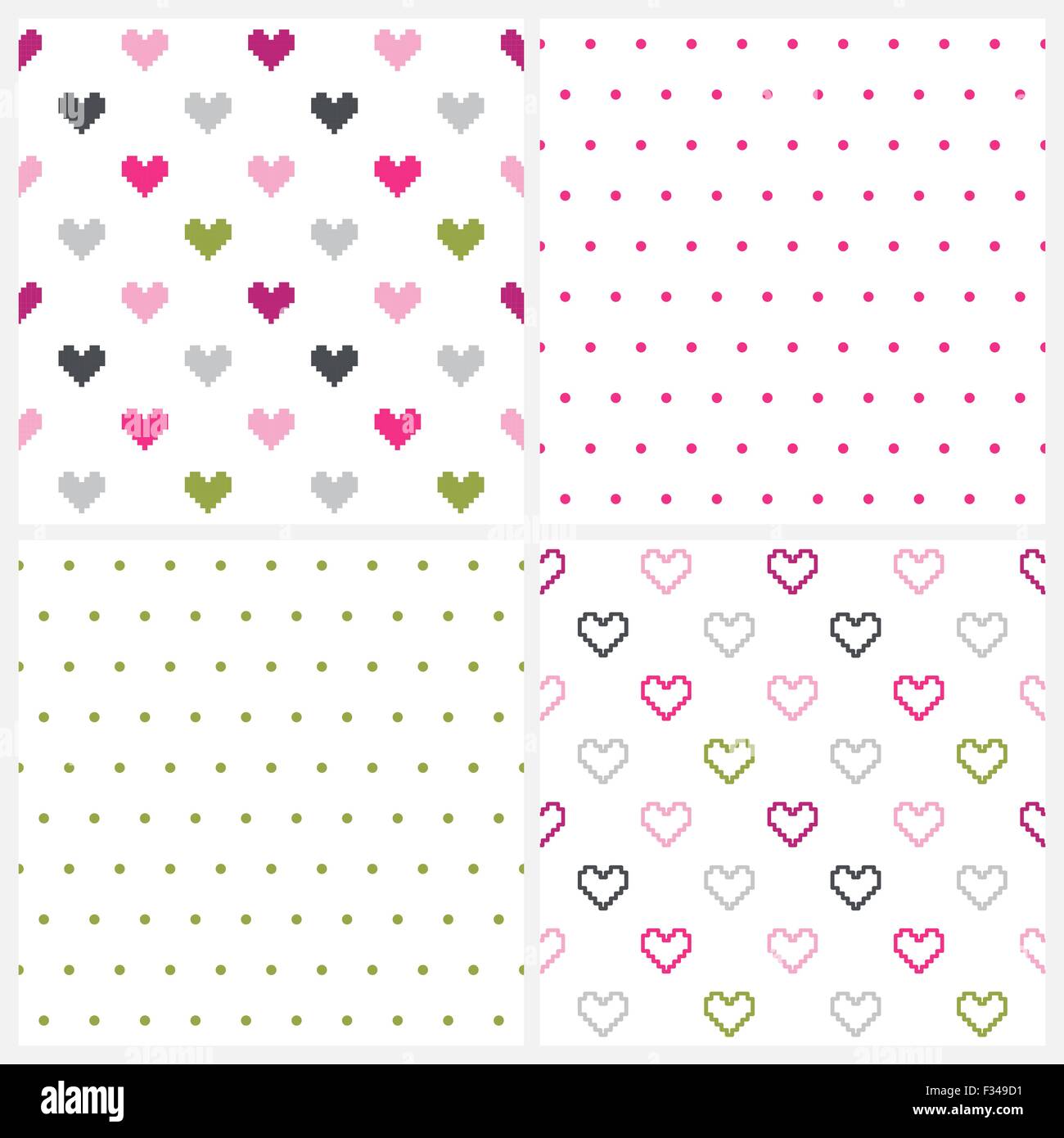 Set of four seamless patterns of hearts and polka dot pattern on white ...