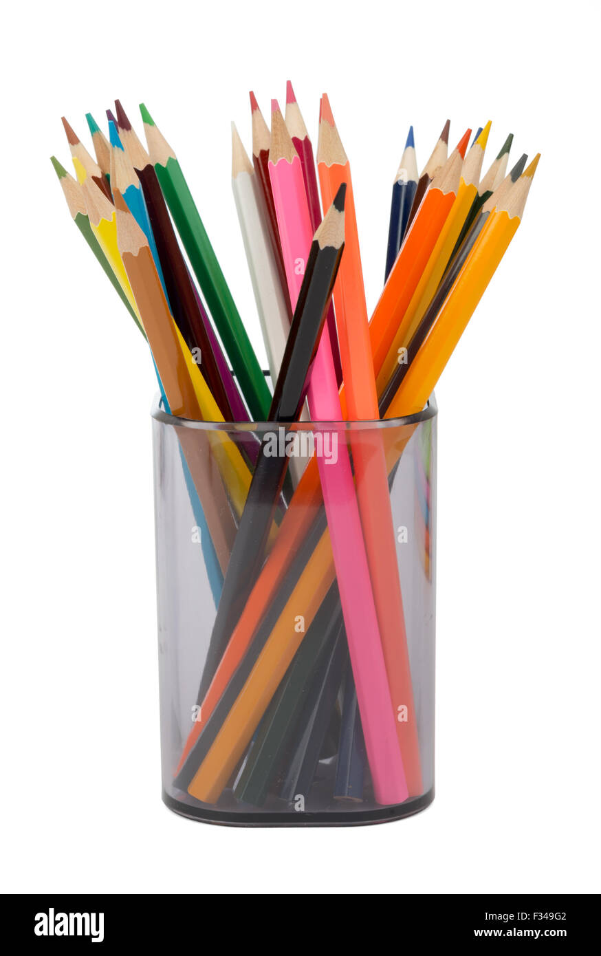 Pencil cup with crayons, front view Stock Photo - Alamy