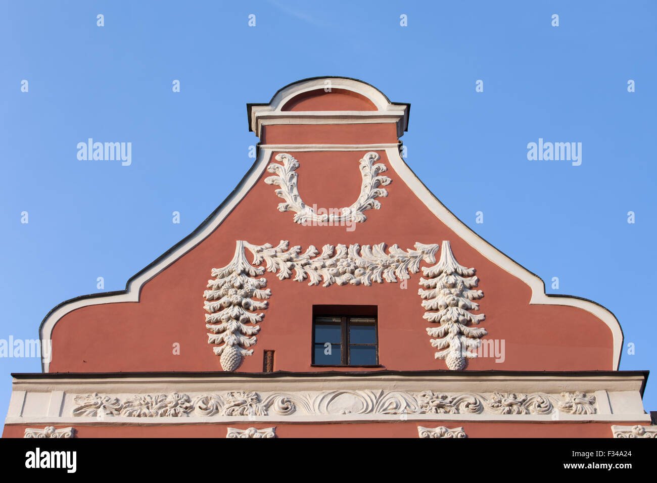 Historical house gable with floral motif ornamentation in Torun, Poland ...