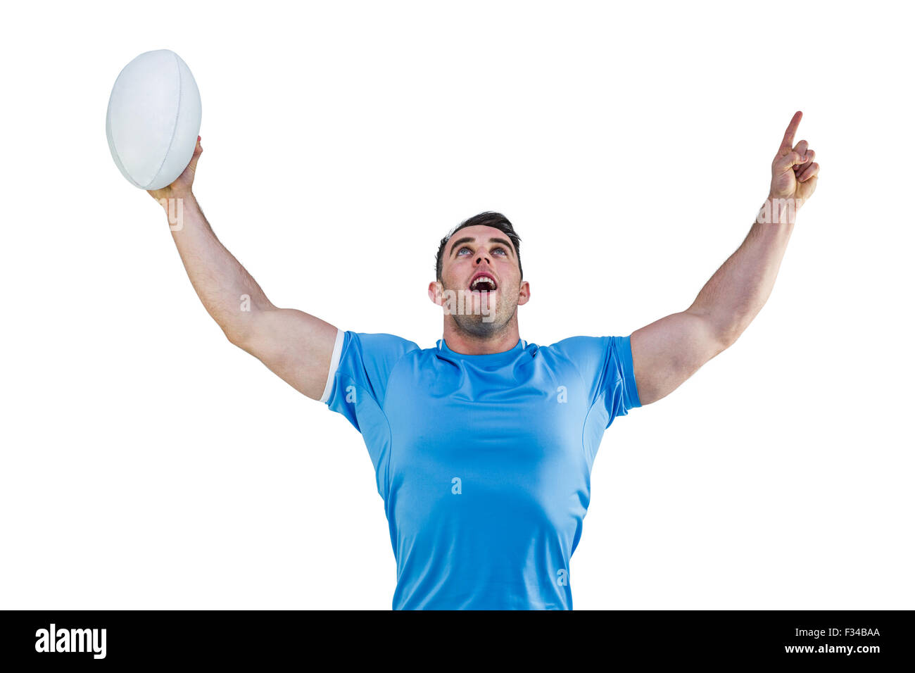Rugby player cheering and pointing Stock Photo - Alamy