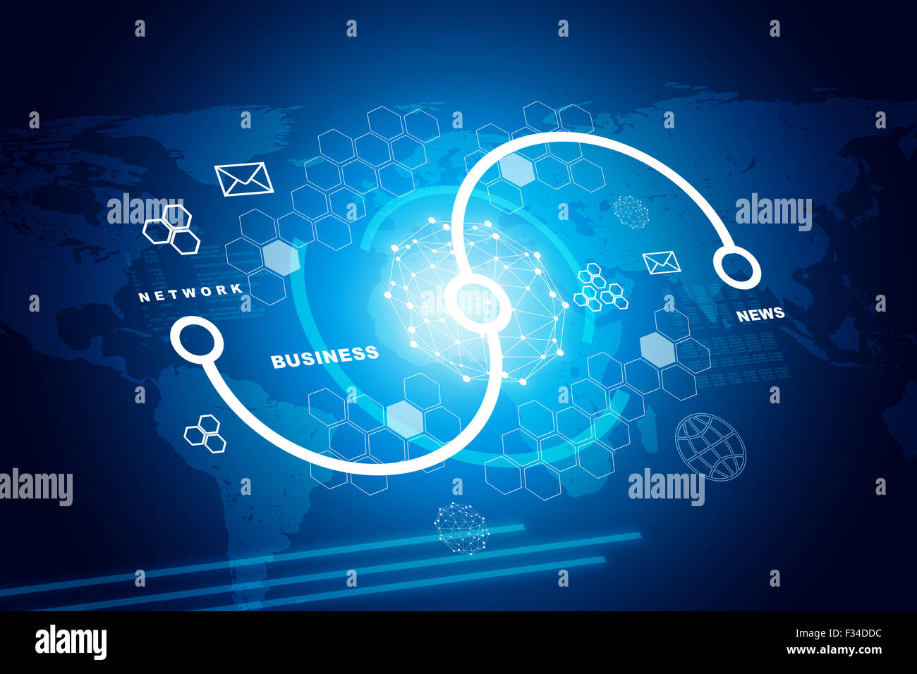 Molecule with world map and symbols Stock Photo - Alamy