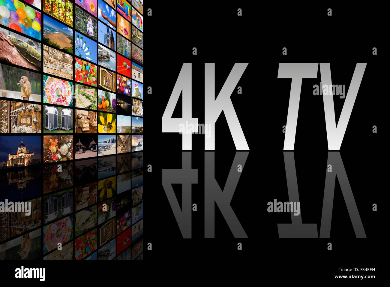 Concept of 4K TV on black background with reflection Stock Photo - Alamy