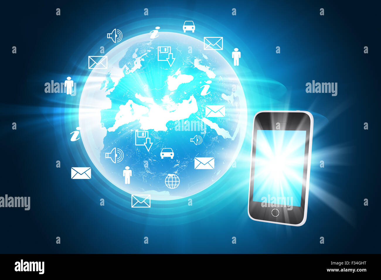 Earth with smartphone and icons Stock Photo - Alamy