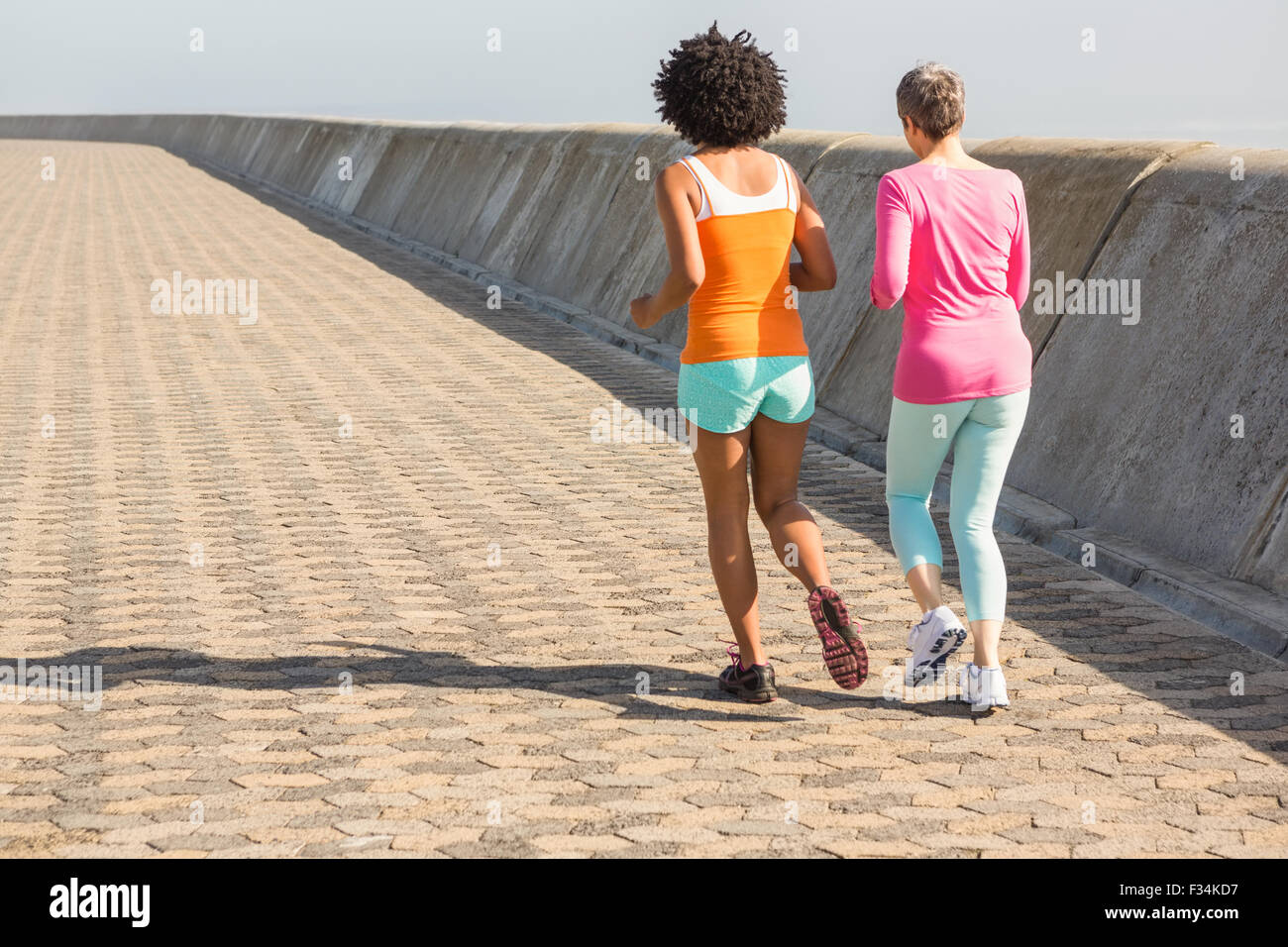 Rear view of two sporty women jogging together Stock Photo - Alamy
