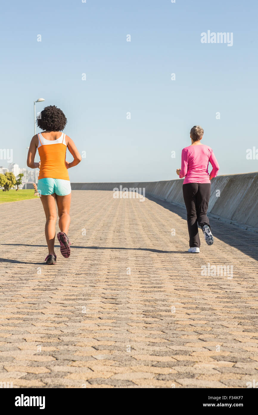 Two sporty women jogging together Stock Photo - Alamy