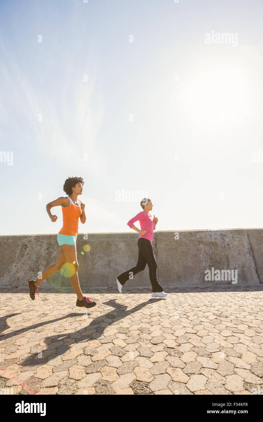 Two sporty women jogging together Stock Photo - Alamy