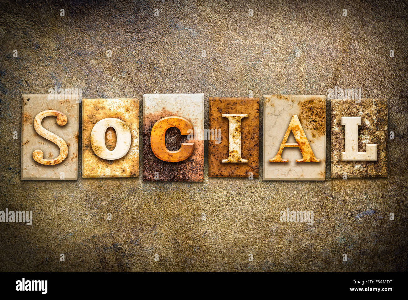The word "SOCIAL" written in rusty metal letterpress type on an old ...