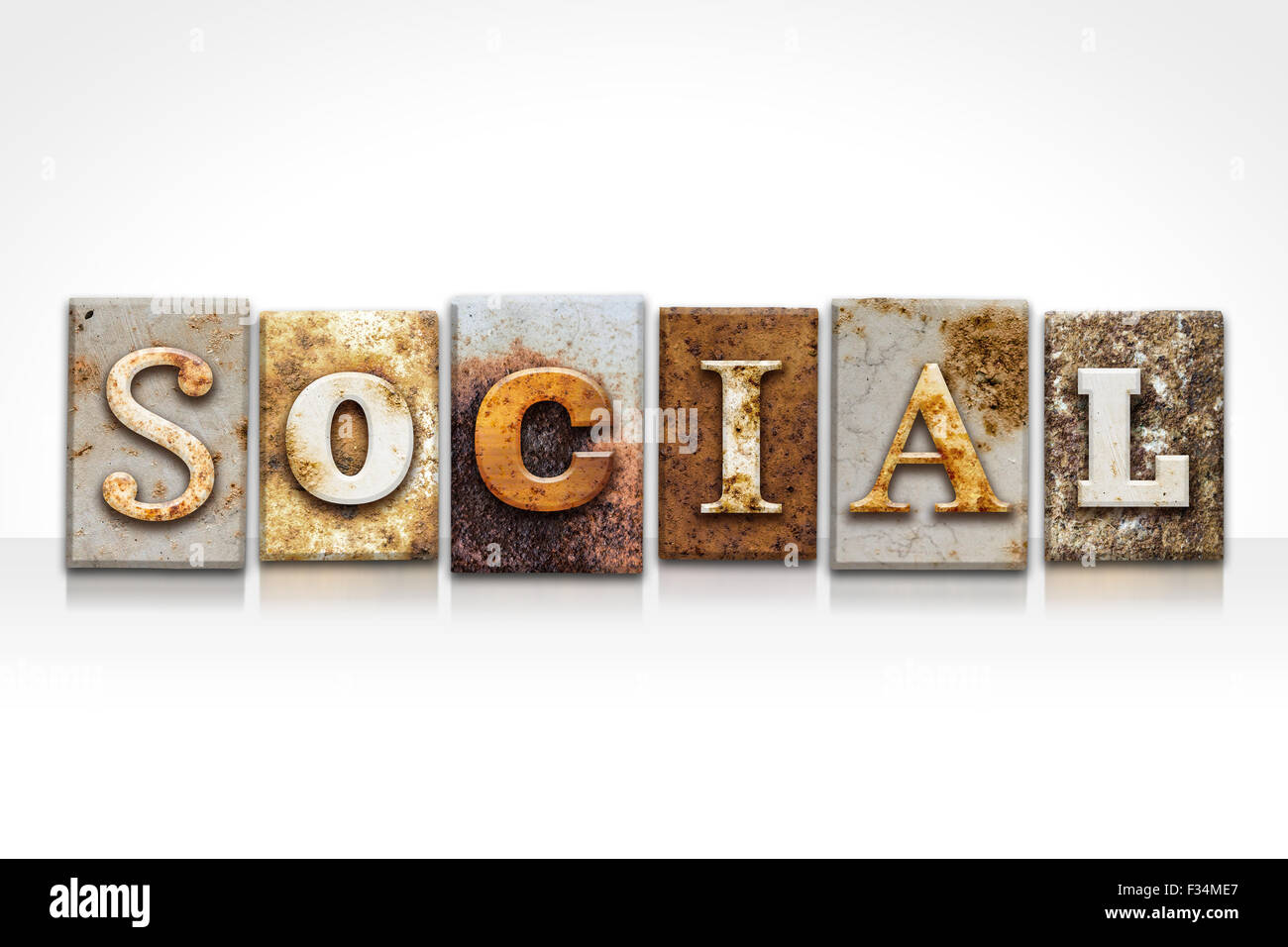 The word "SOCIAL" written in rusty metal letterpress type isolated on a ...
