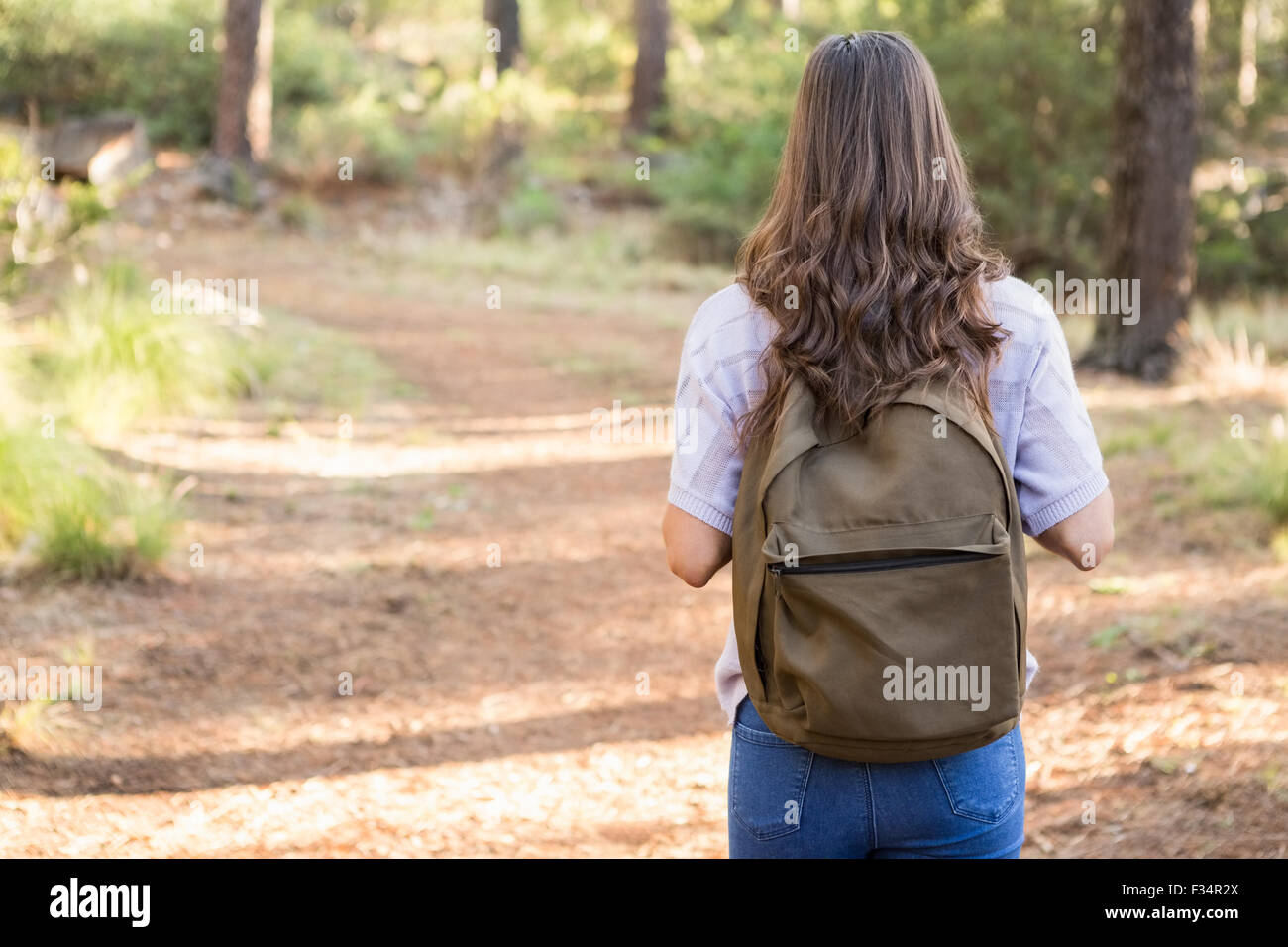 Brunette hiker hiking on path Stock Photo - Alamy