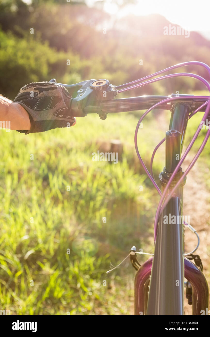 Woman mountain biking and holding handlebars Stock Photo - Alamy