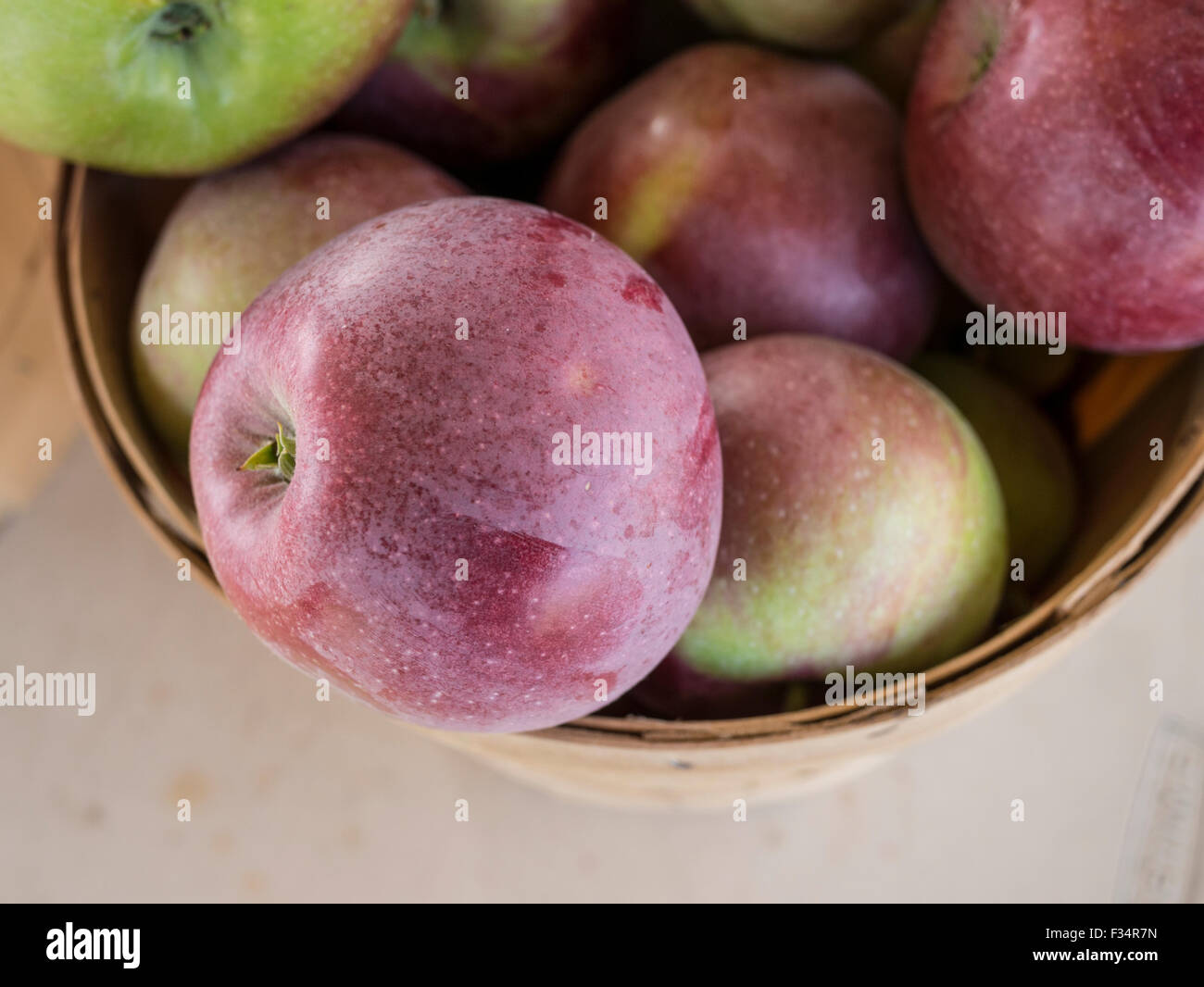 Bushel of apples in a farm market displayed for sampling & tasting ...