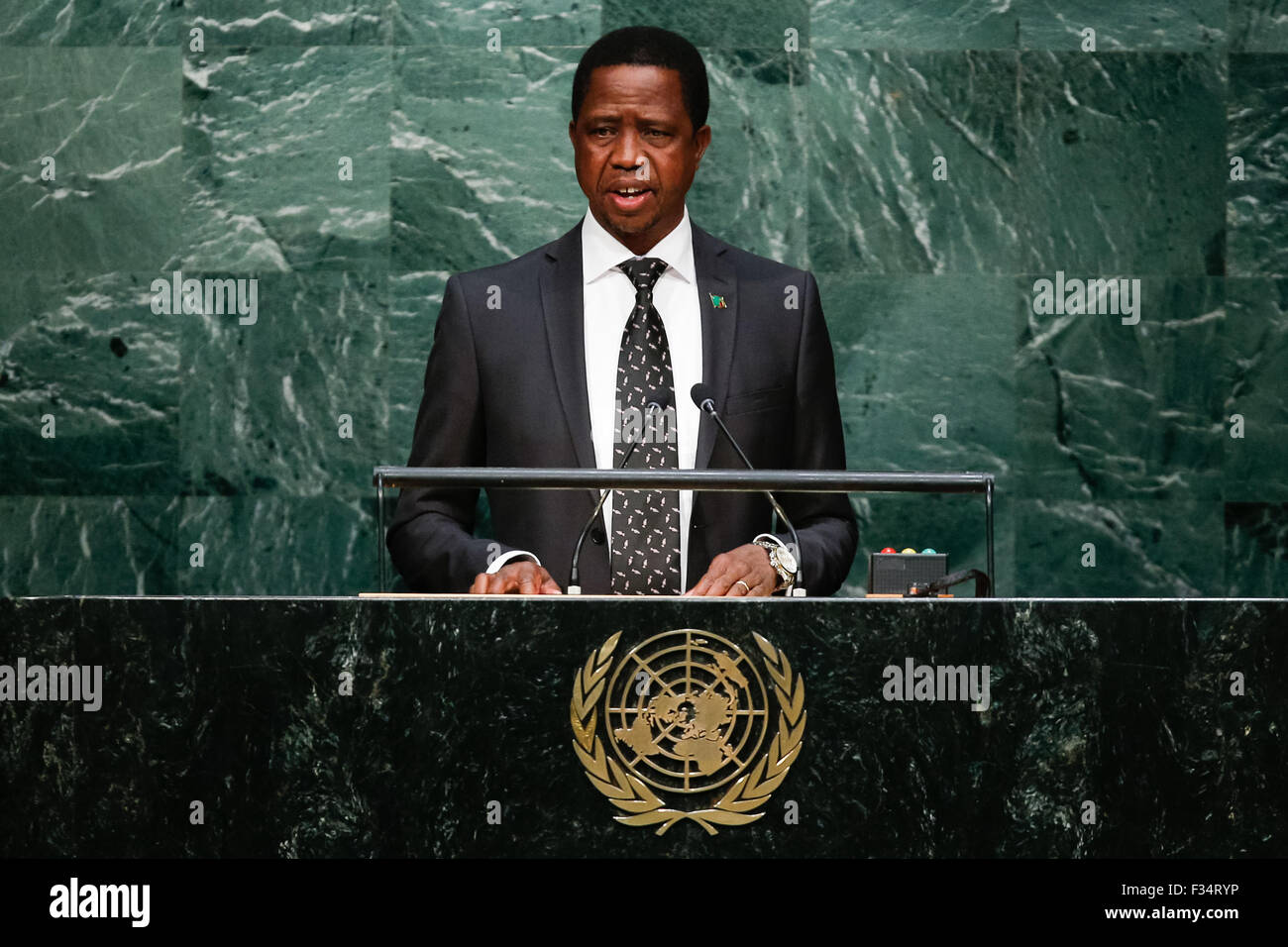 New York, USA. 29th Sep, 2015. Zambian President Edgar Lungu addresses ...