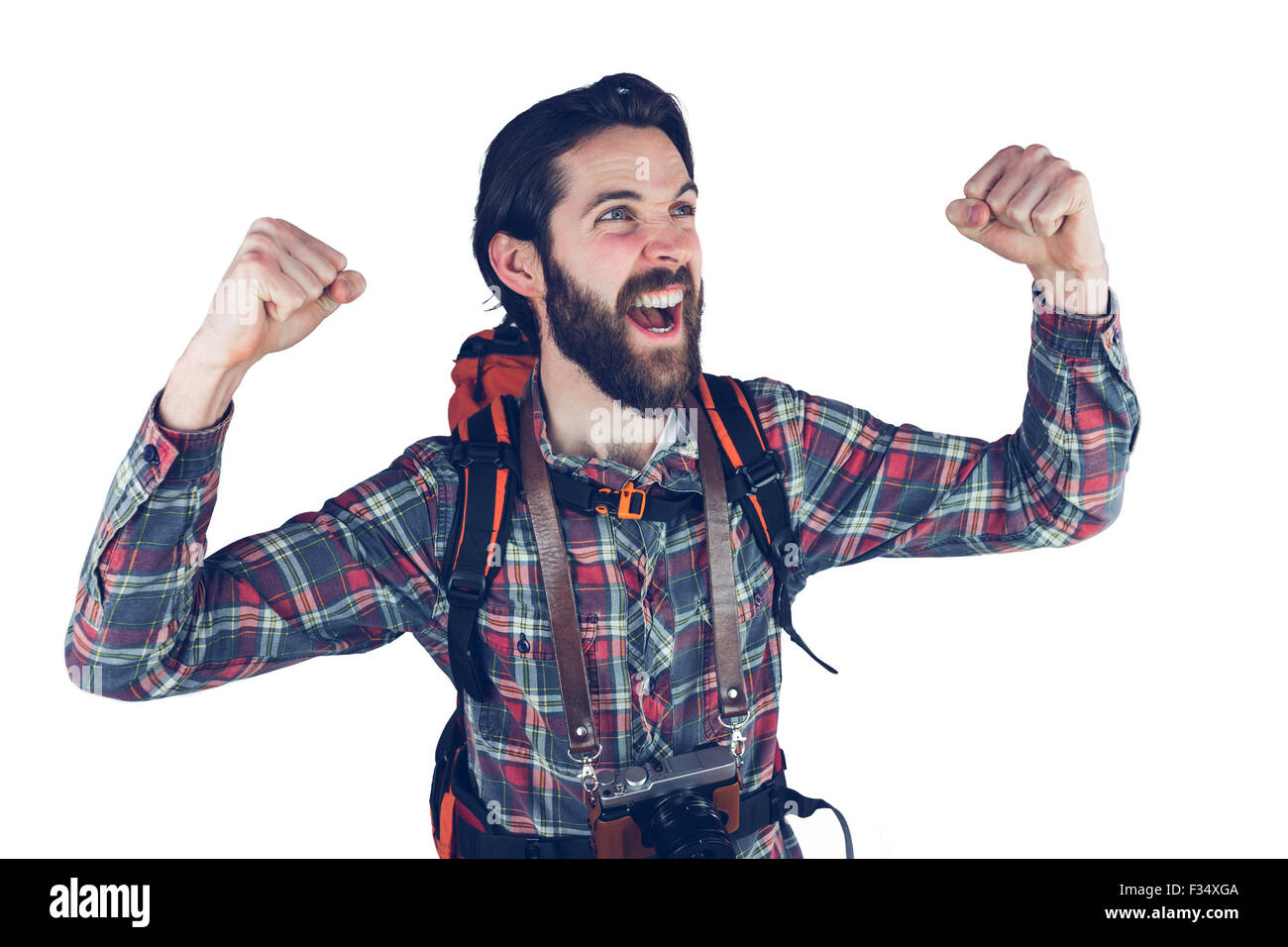 Excited hiker with arms raised Stock Photo - Alamy