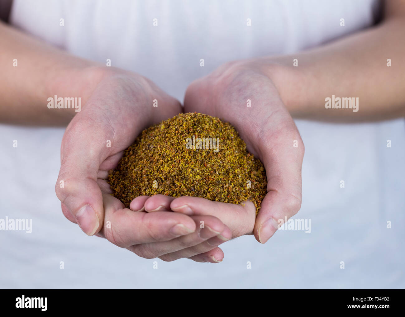 Woman showing handful of milled seed Stock Photo - Alamy