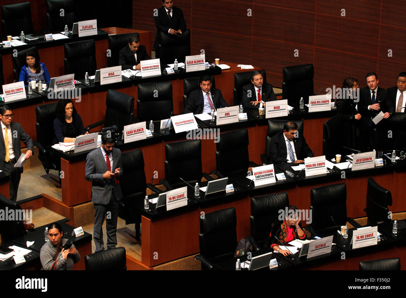 Signs with slogans are placed by some senators of opposition during the ...