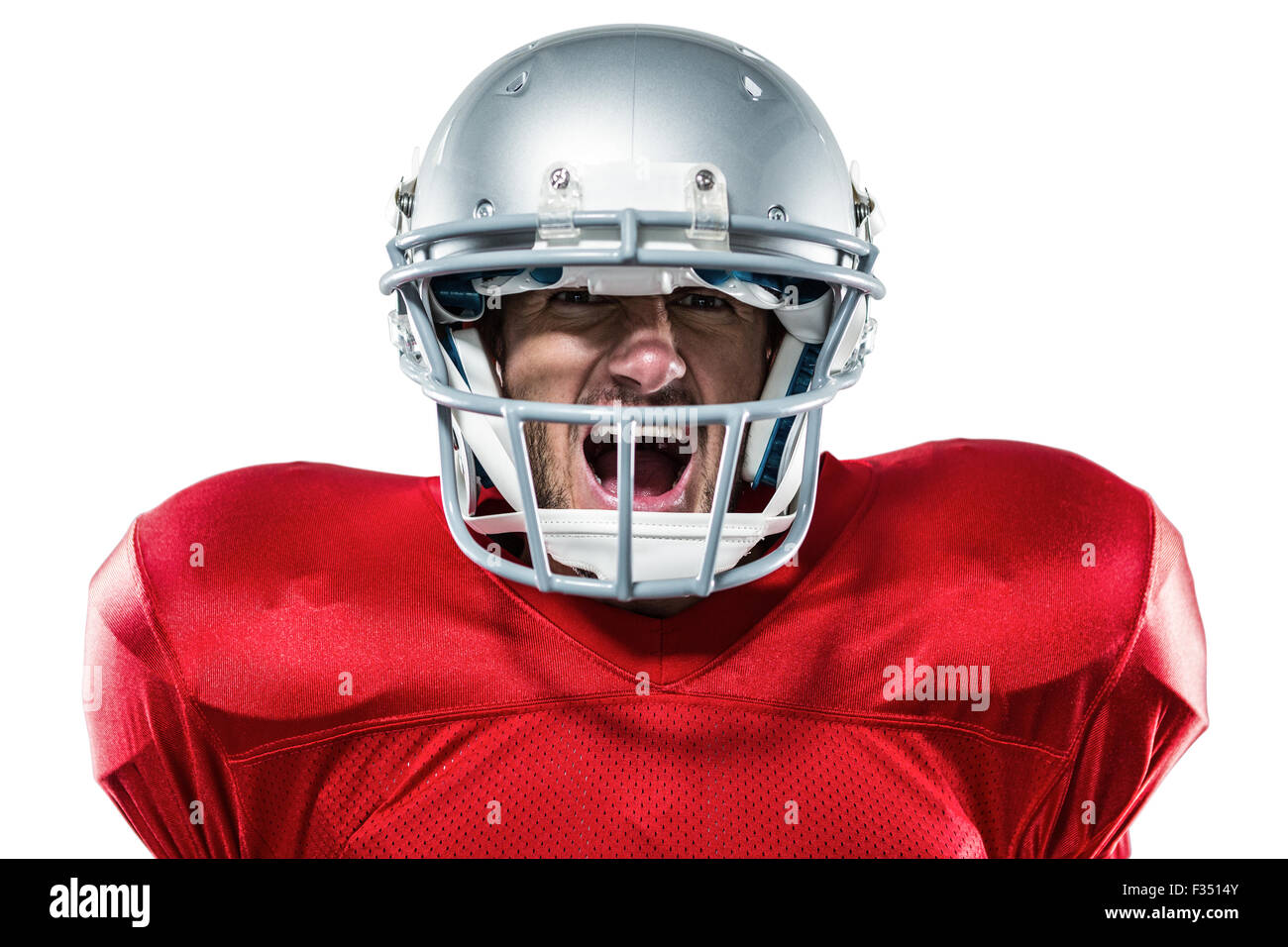 Aggressive American football player in red jersey screaming Stock Photo ...