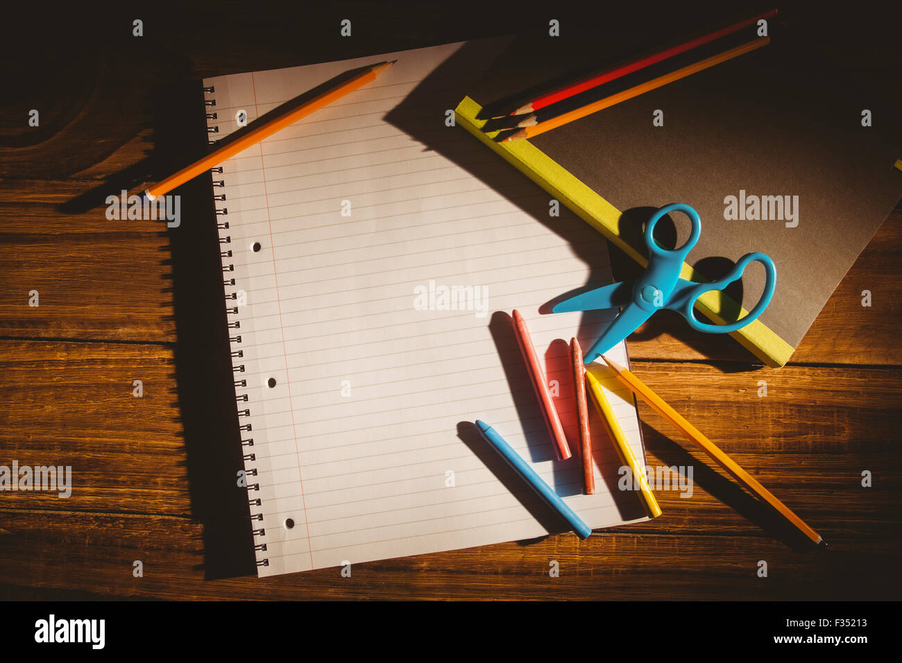 School supplies on desk with copy space Stock Photo - Alamy