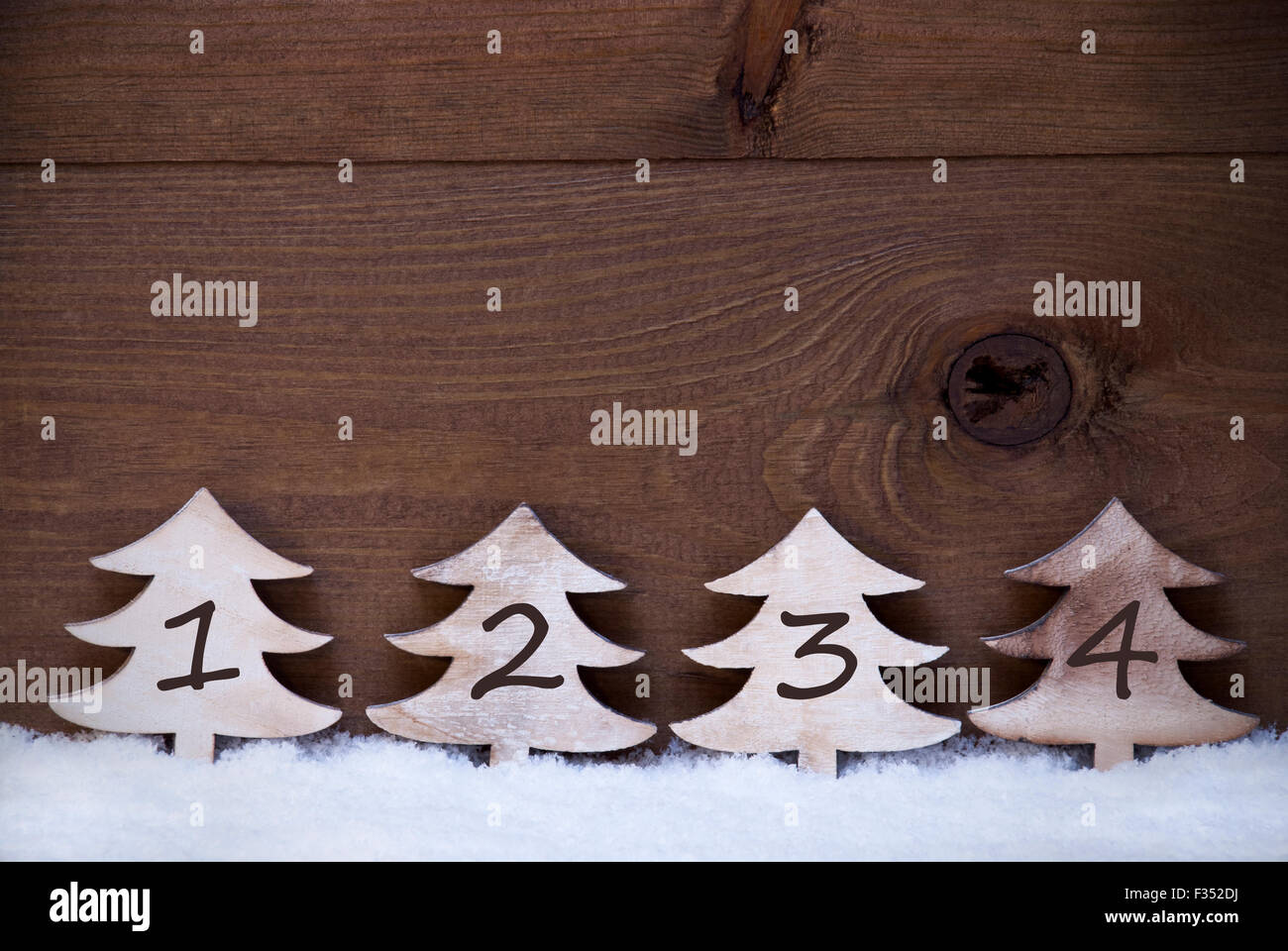 Wooden Christmas Trees On Snow, Copy Space, Four Numbers, Advent Stock ...