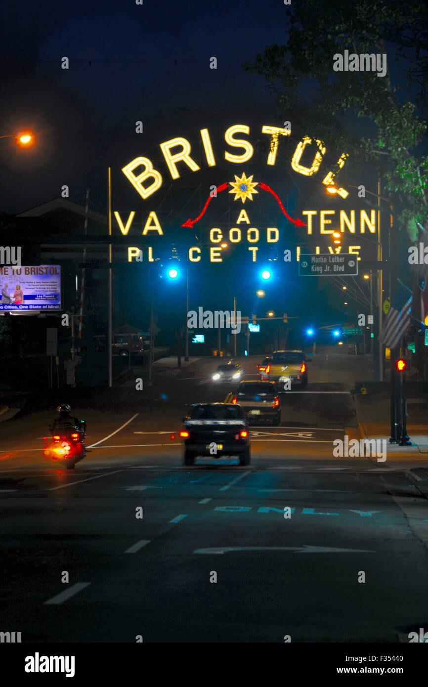 Sign over the two cities of Bristol Virginia and Bristol Tennessee ...
