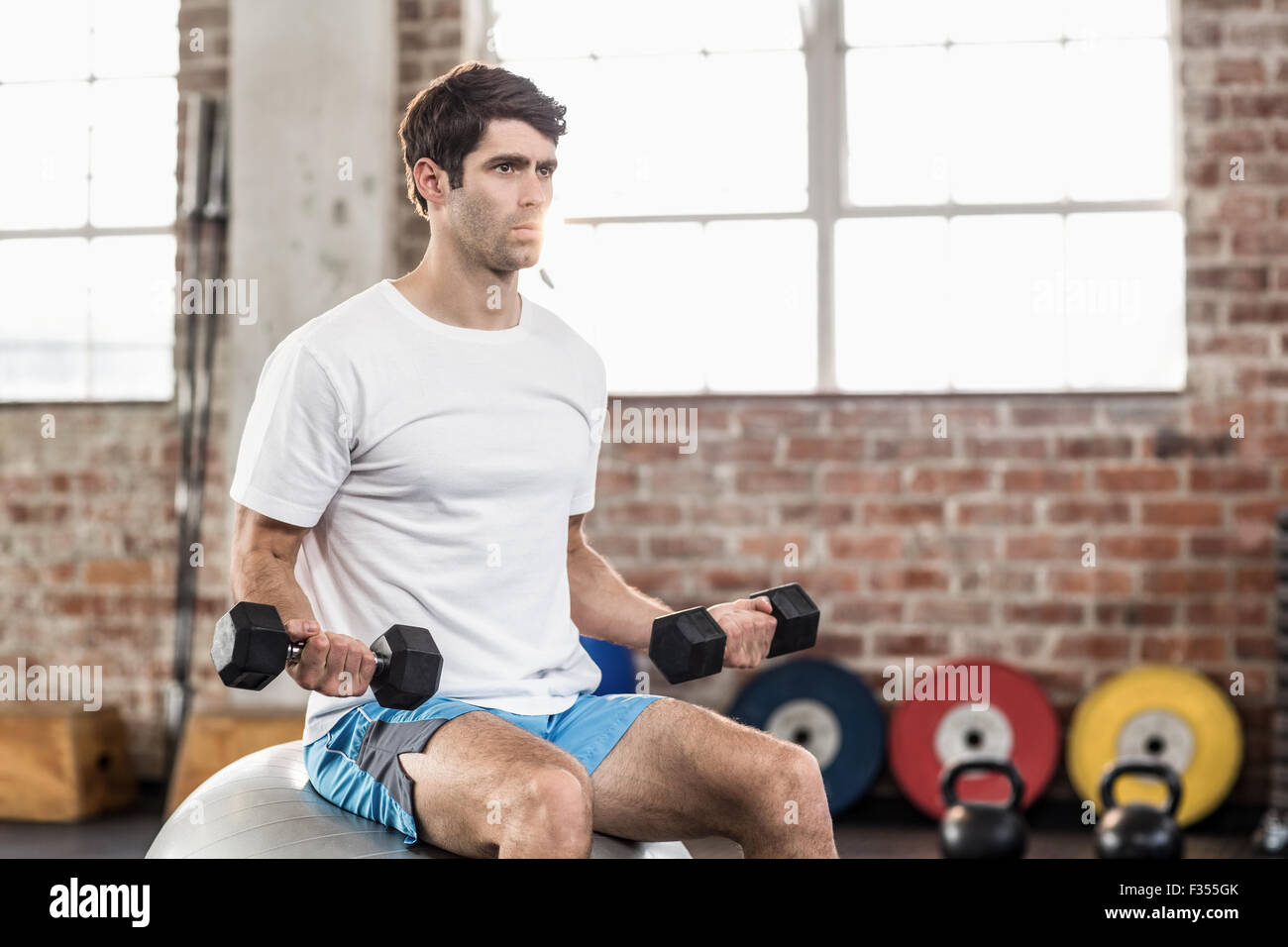 Man sitting on a bossu lifting dumbbells Stock Photo - Alamy
