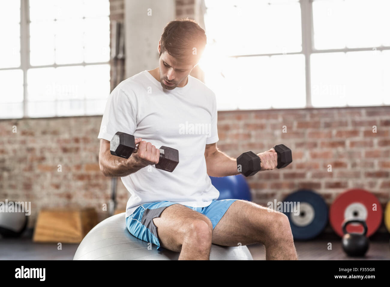Man sitting on a bossu lifting dumbbells Stock Photo - Alamy