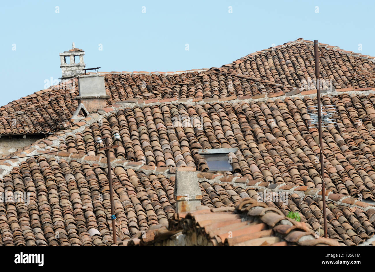 Tiled roofs of houses within the walls of Berat Castle. Berat Castle is ...