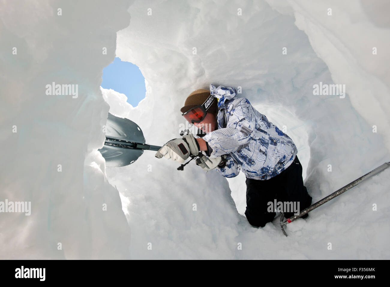 A boy digs out a snow cave at a camp on Mount Shasta, Shasta Trinity ...