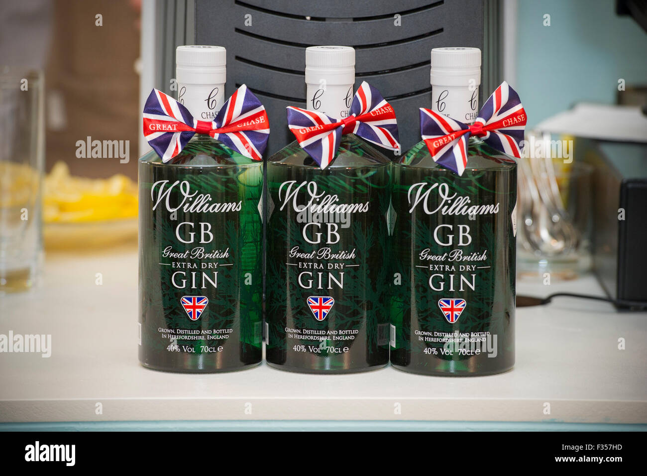 Williams GB gin bottles with a union jack bow Stock Photo - Alamy