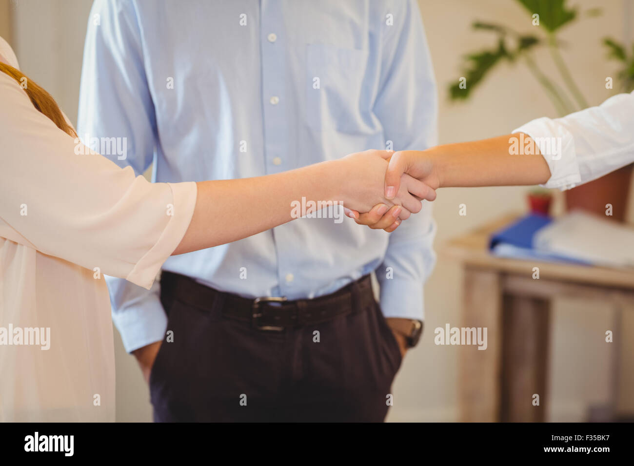Clients shaking hands with businesswoman Stock Photo - Alamy