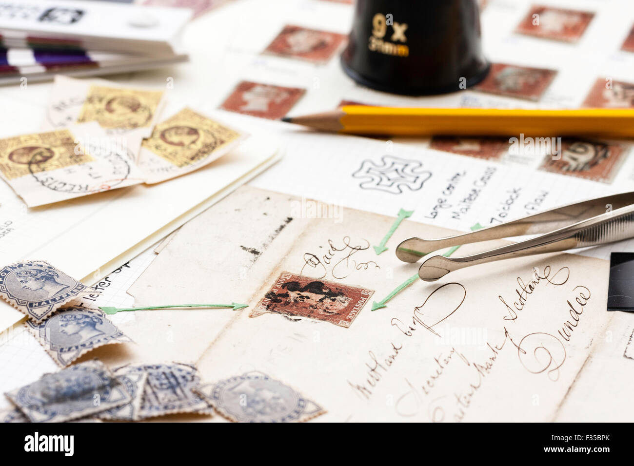 Philately, stamp collecting. Album sheets of Victorian Penny Red stamps ...